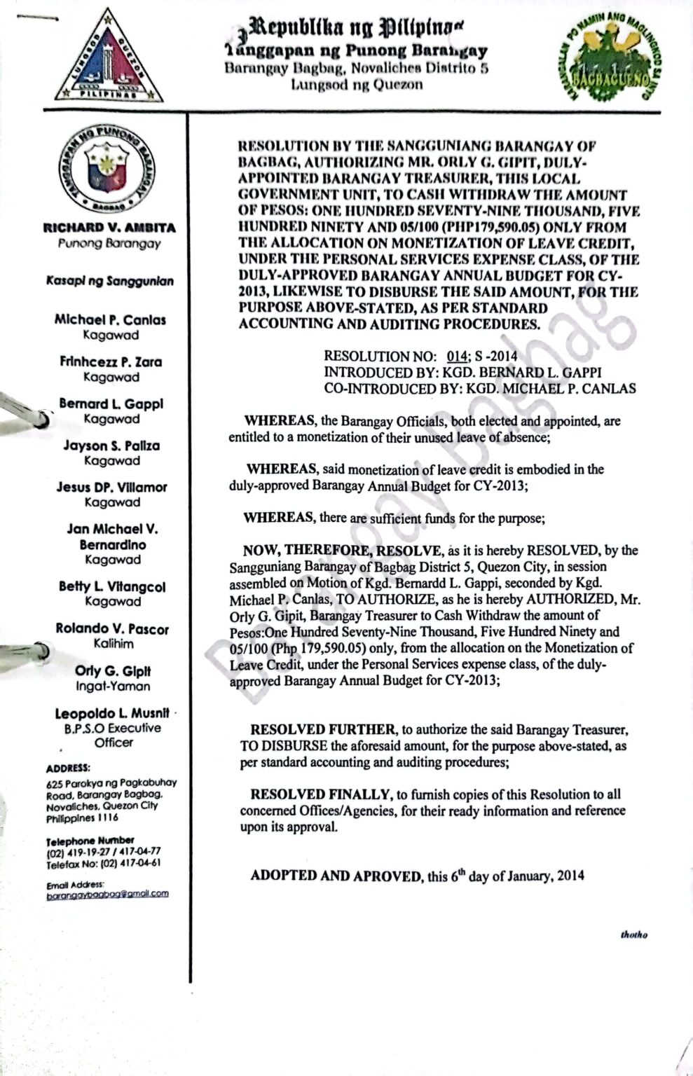 Barangay Resolution – Barangaybagbag