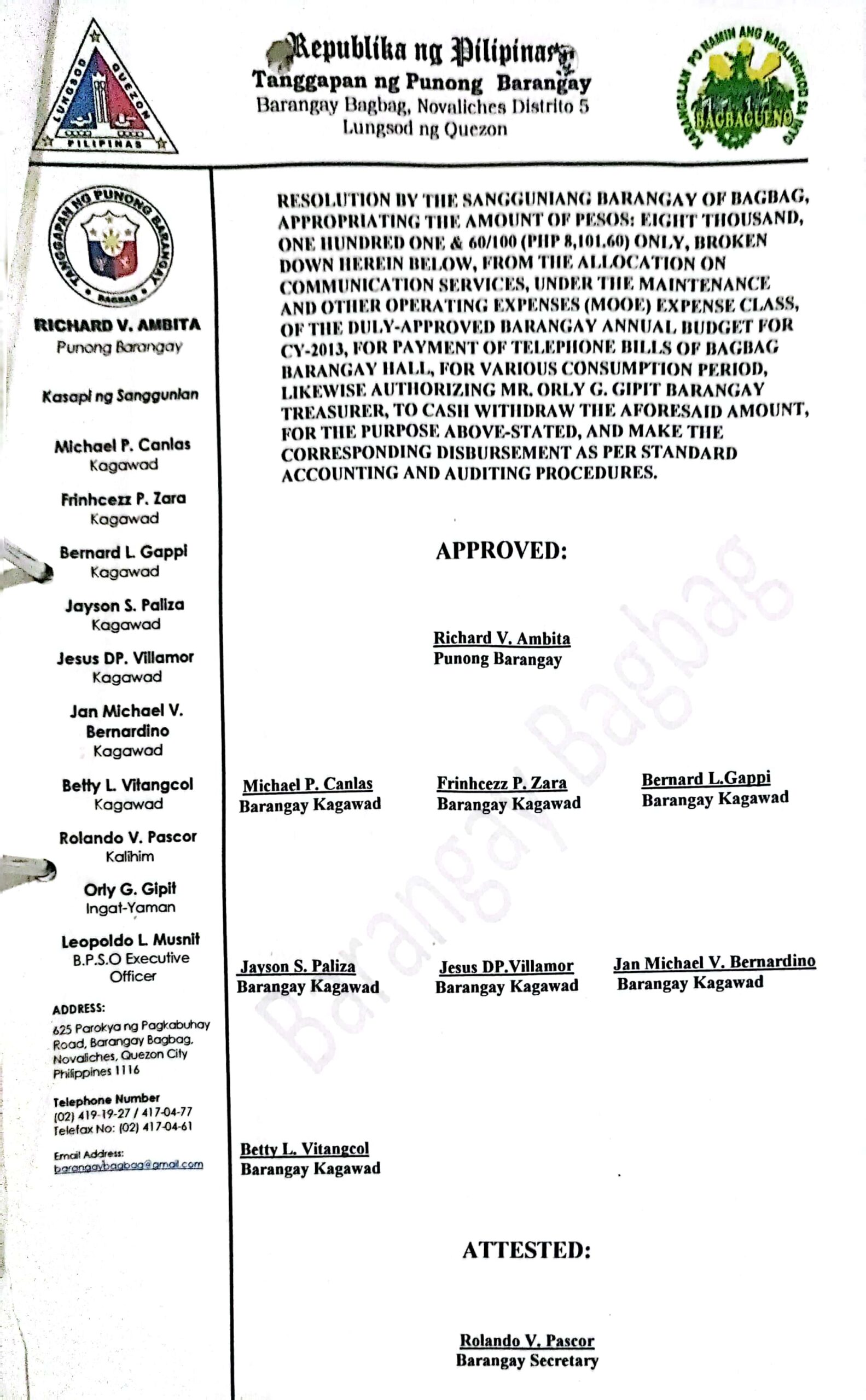 Barangay Resolution – Barangaybagbag