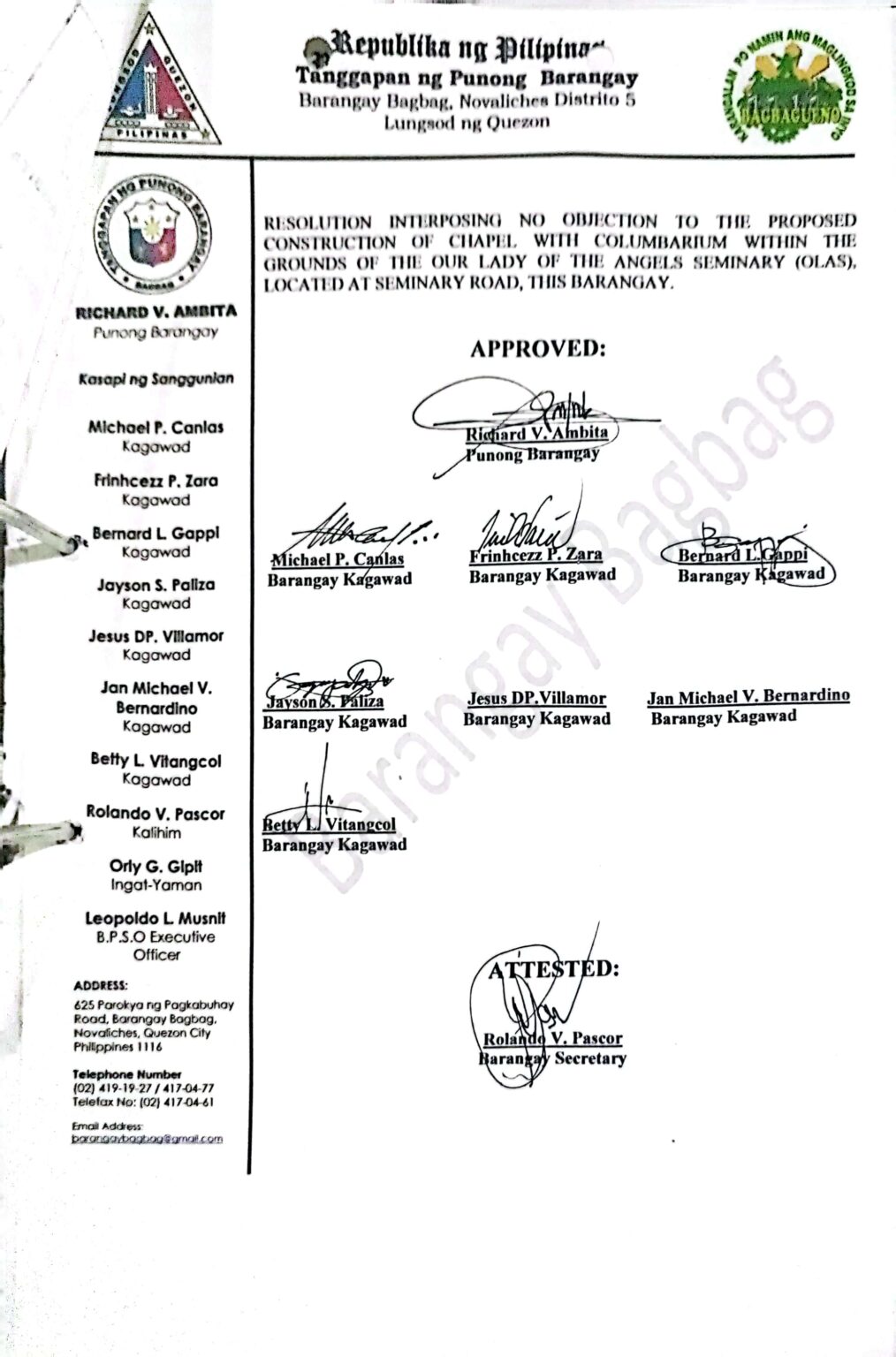 Barangay Resolution – Barangaybagbag