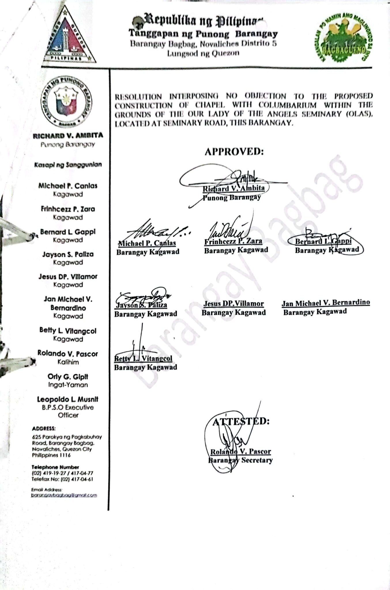 Barangay Resolution – Barangaybagbag