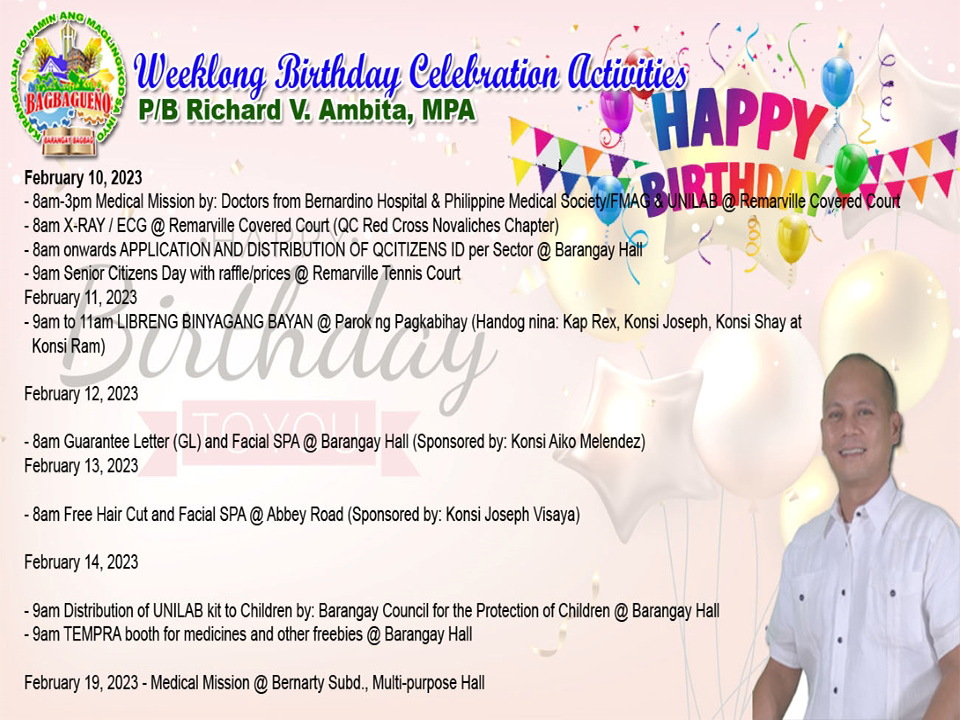 WEEKLONG BIRTHDAY CELEBRATION ACTIVITIES – Barangaybagbag